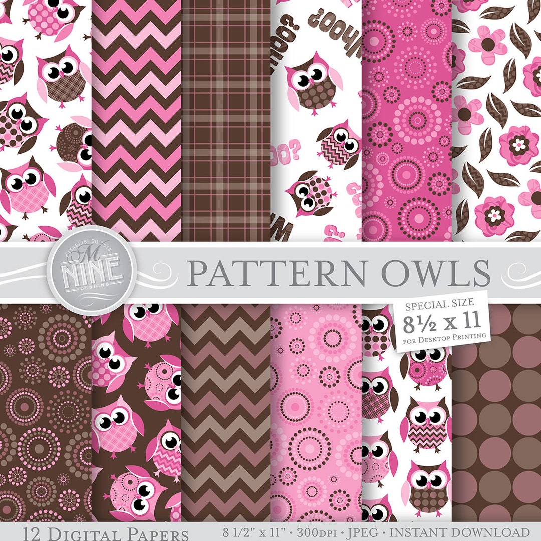 PINK & BROWN OWLS Patterns 8 1/2 X 11 Digital Paper Pattern Print ...