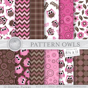 PINK & BROWN OWLS Patterns 8 1/2 X 11 Digital Paper Pattern Print ...