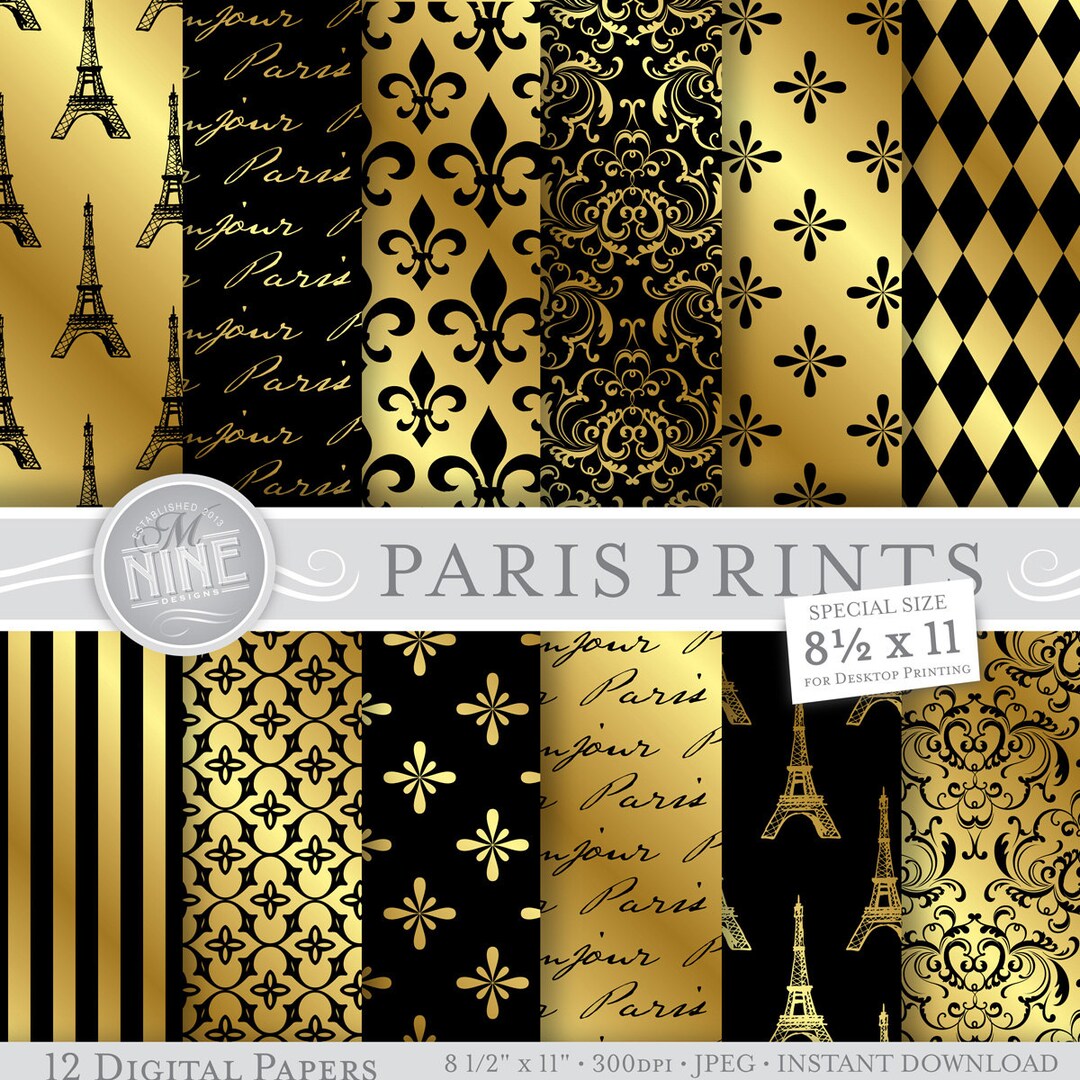 GOLD PARIS Digital Paper: Paris Theme Patterns Prints, Instant Download ...