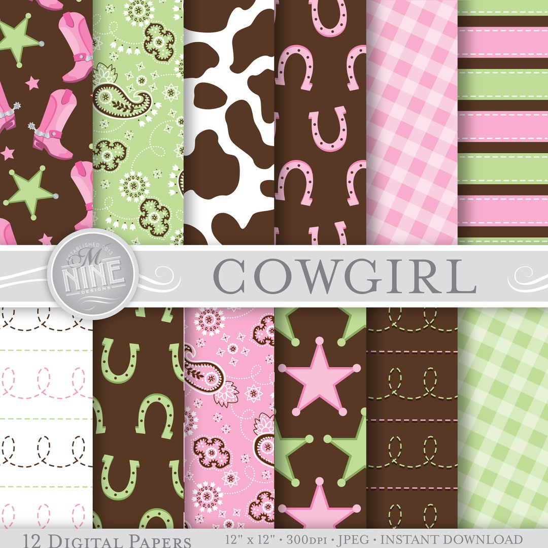 COWGIRL Prints Pink Brown & Green 12 X 12 Digital Paper Pattern Print ...