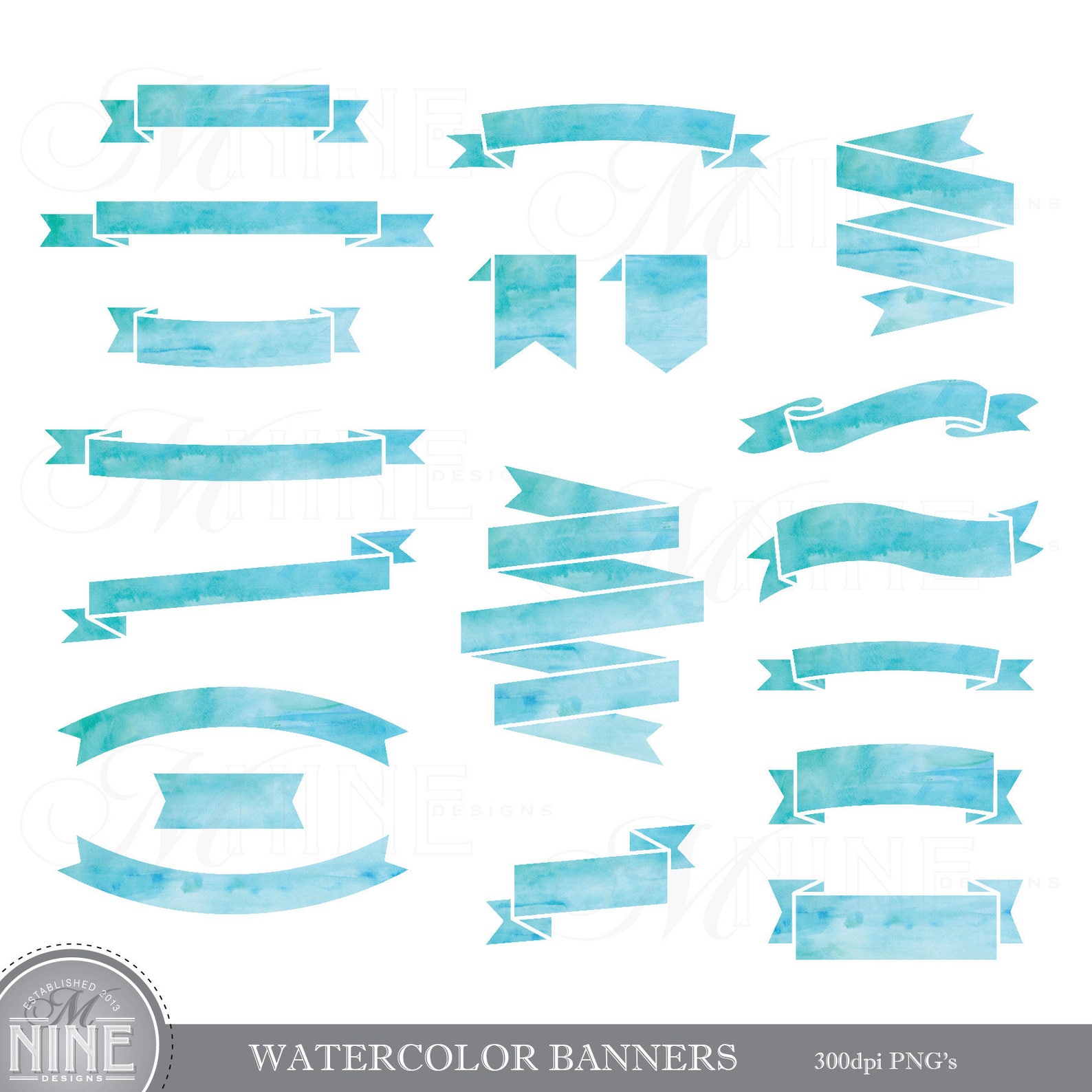 Blue Watercolor RIBBON BANNERS Clipart / Watercolor Clip Art / - Etsy