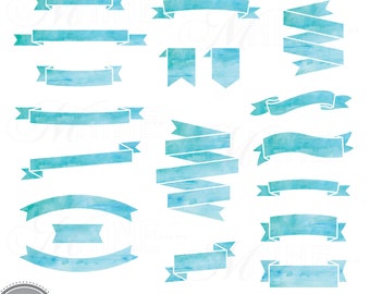 Blue Watercolor RIBBON BANNERS Clipart / Watercolor Clip Art / - Etsy