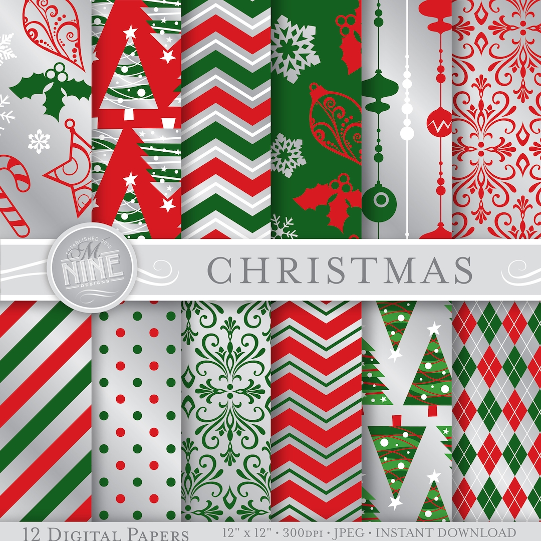 CHRISTMAS Digital Paper / Green Red Silver Christmas Patterns ...