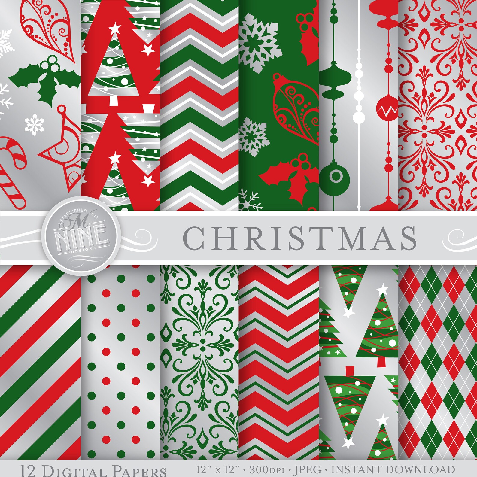 CHRISTMAS Digital Paper / Green Red Silver Christmas Patterns - Etsy