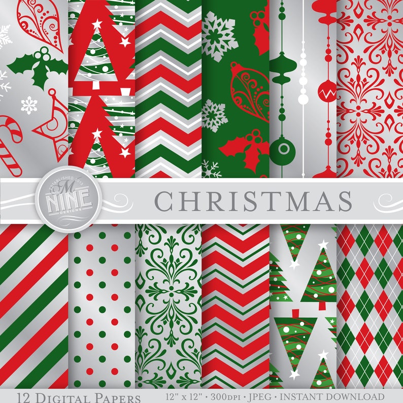 CHRISTMAS Digital Paper / Green Red Silver Christmas Patterns - Etsy