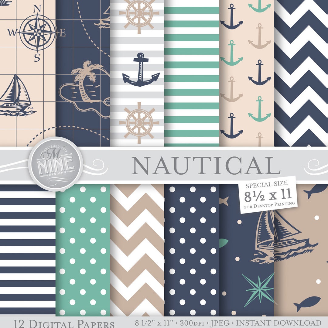NAUTICAL Digital Paper 8 1/2 X 11 NEUTRAL BLUE Pattern Prints, Instant ...