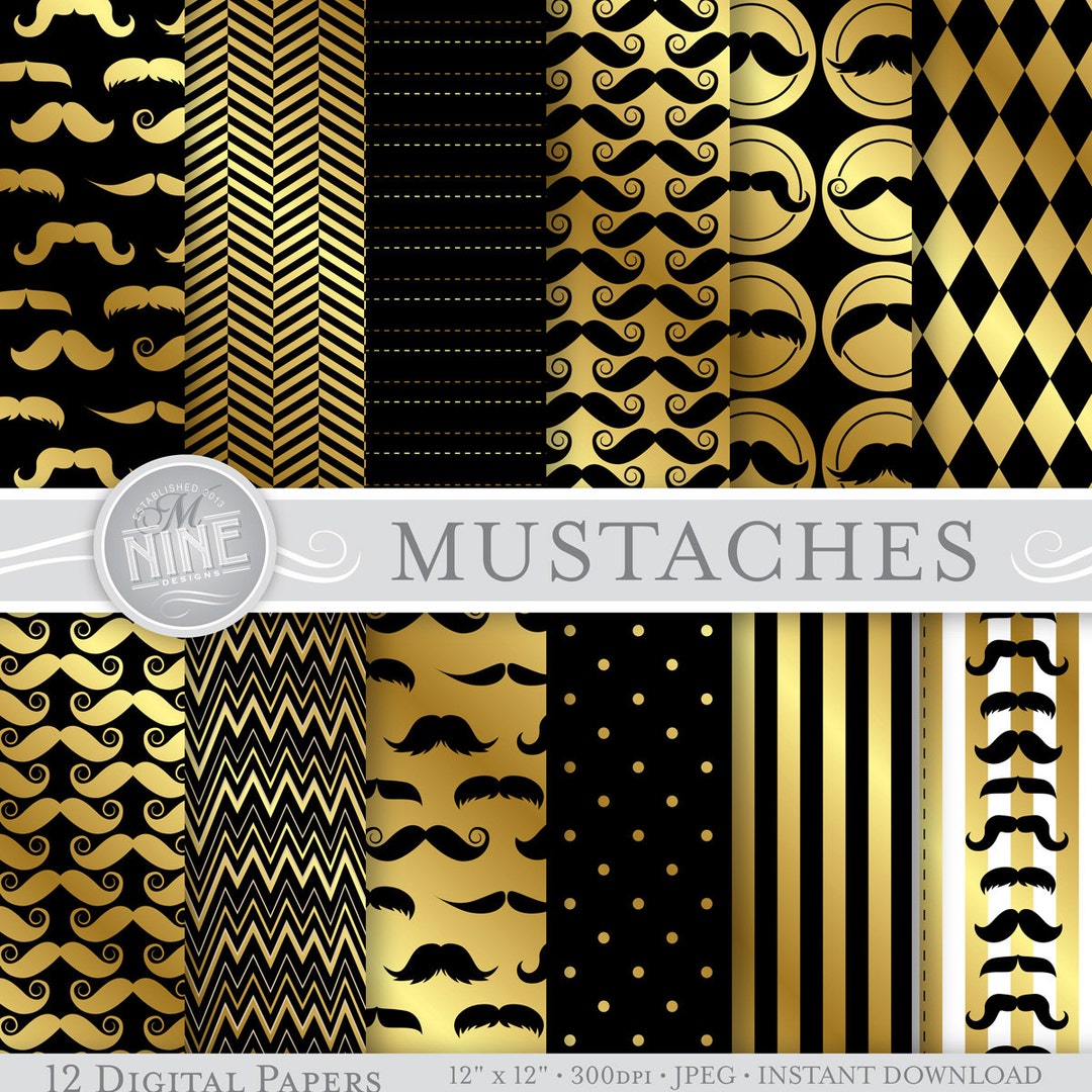 MUSTACHES Digital Paper: GOLD Mustache Pattern Printable Print ...