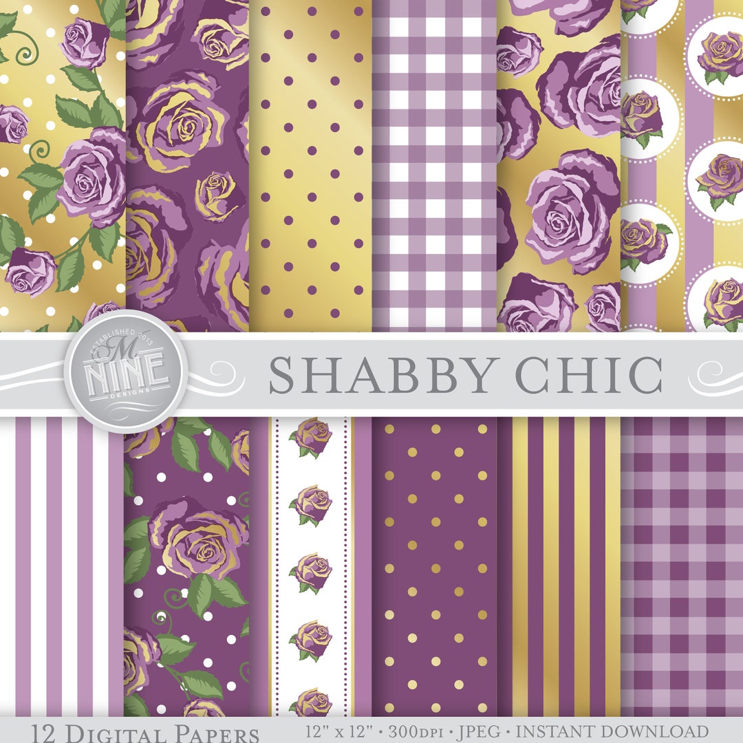 SHABBY CHIC Digital Paper / Purple and Gold Shabby Chic Patterns ...