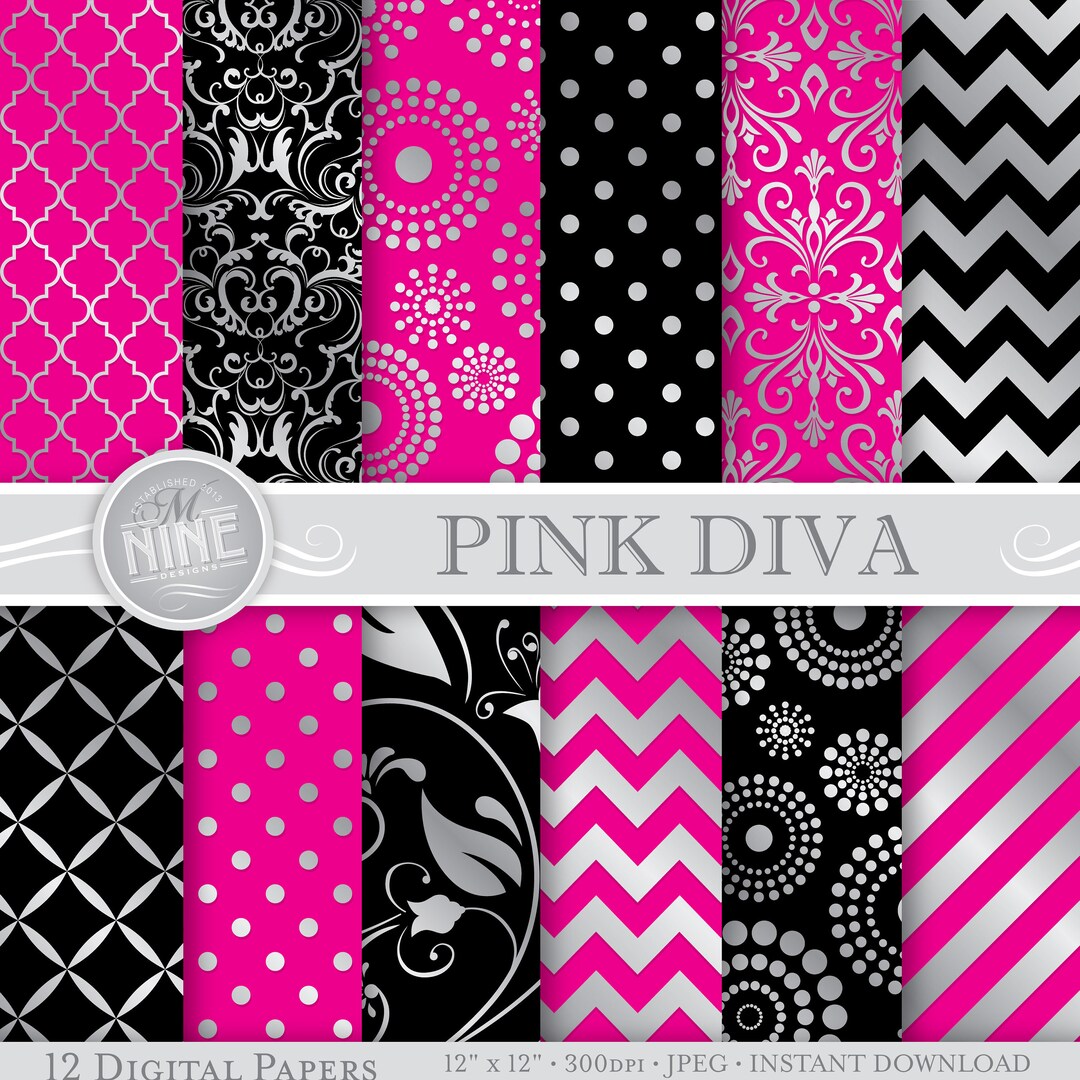 PINK DIVA Digital Paper / Hot Pink Silver and Black Patterns / Pattern ...