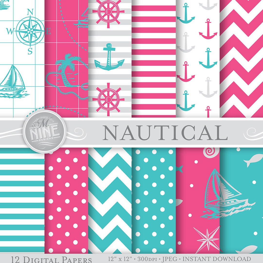 Nautical Digital Paper: Pink Teal NAUTICAL Printable Pattern Prints ...