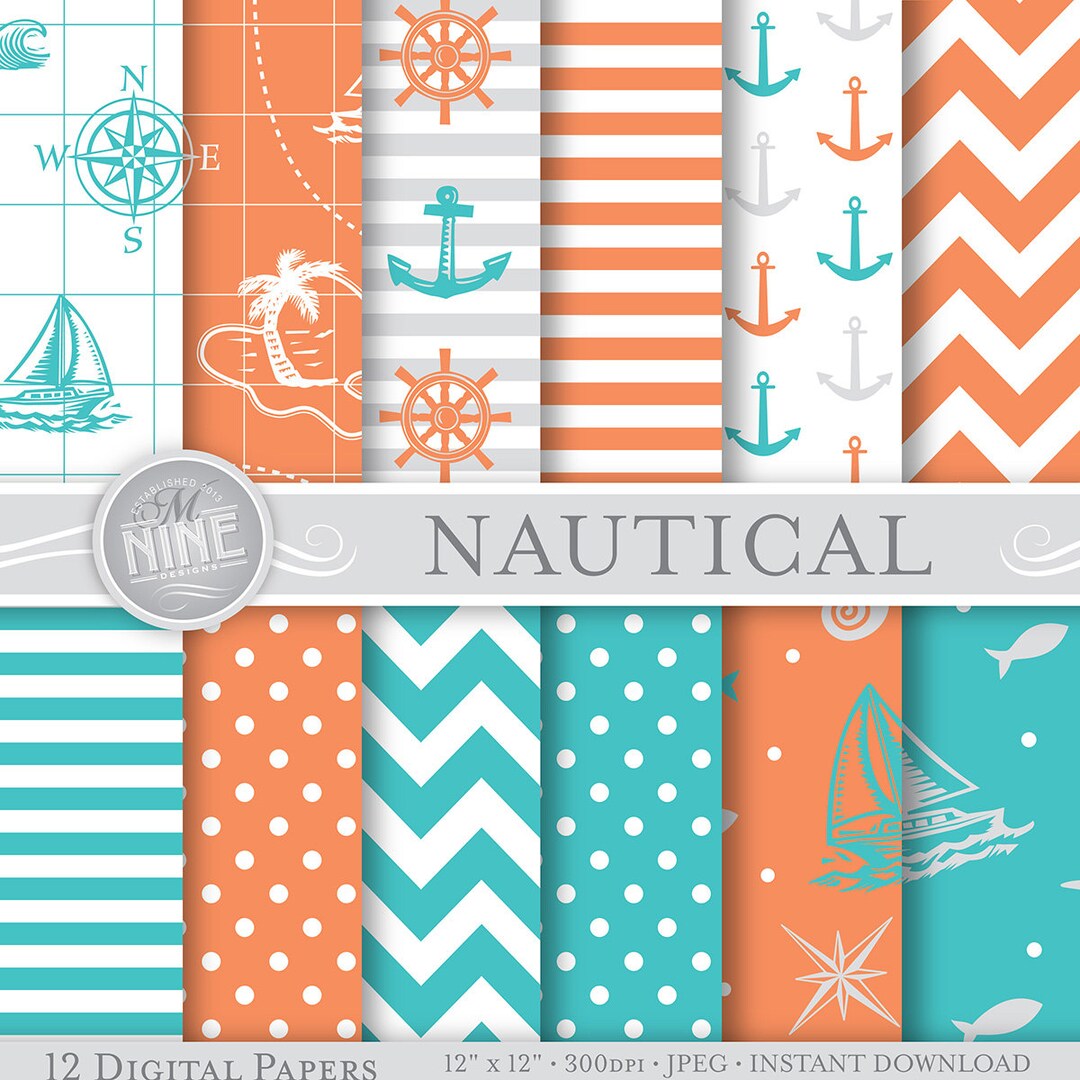 CORAL & TEAL NAUTICAL Patterns 12 X 12 Digital Paper Seamless Pattern ...