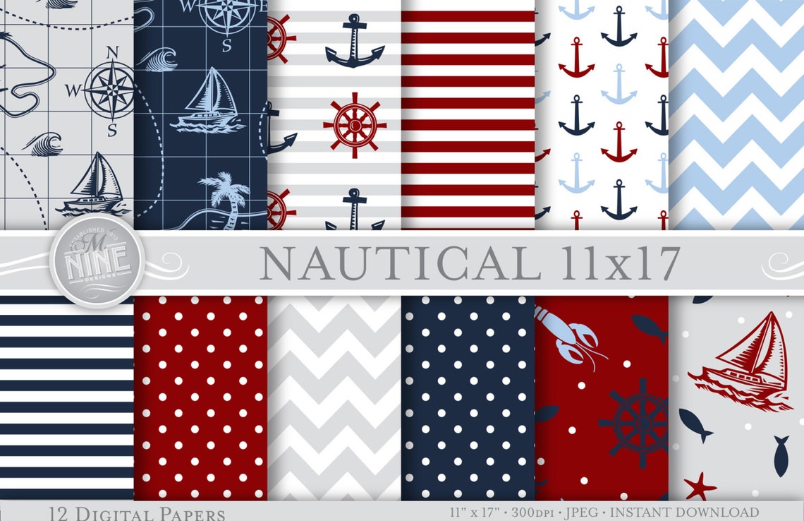 NAUTICAL Digital Paper: blue & RED Nautical - Etsy