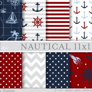 NAUTICAL Digital Paper: blue & RED Nautical Printable 11 X 17 Pattern ...