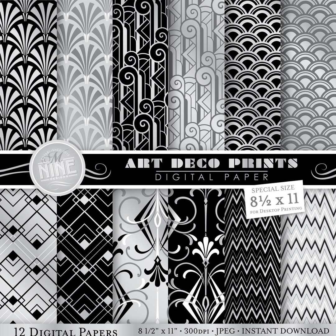 ART DECO Digital Paper: SILVER Art Deco 8 1/2 X 11 Pattern Prints ...
