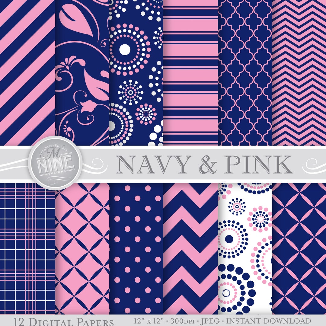 NAVY BLUE PINK Digital Paper: Navy Pink Printable Pattern Print, Navy ...