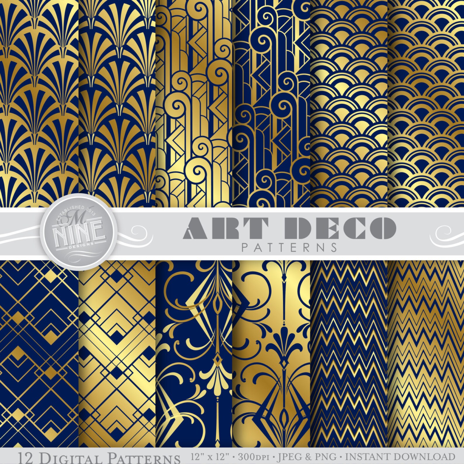 ART DECO Digital Paper Jpg Svg Navy Blue and Gold Art Deco - Etsy