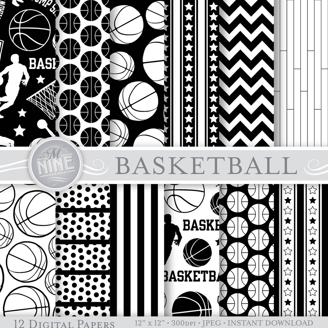 BASKETBALL Digital Paper / Basketball Party Printables / Black | Etsy