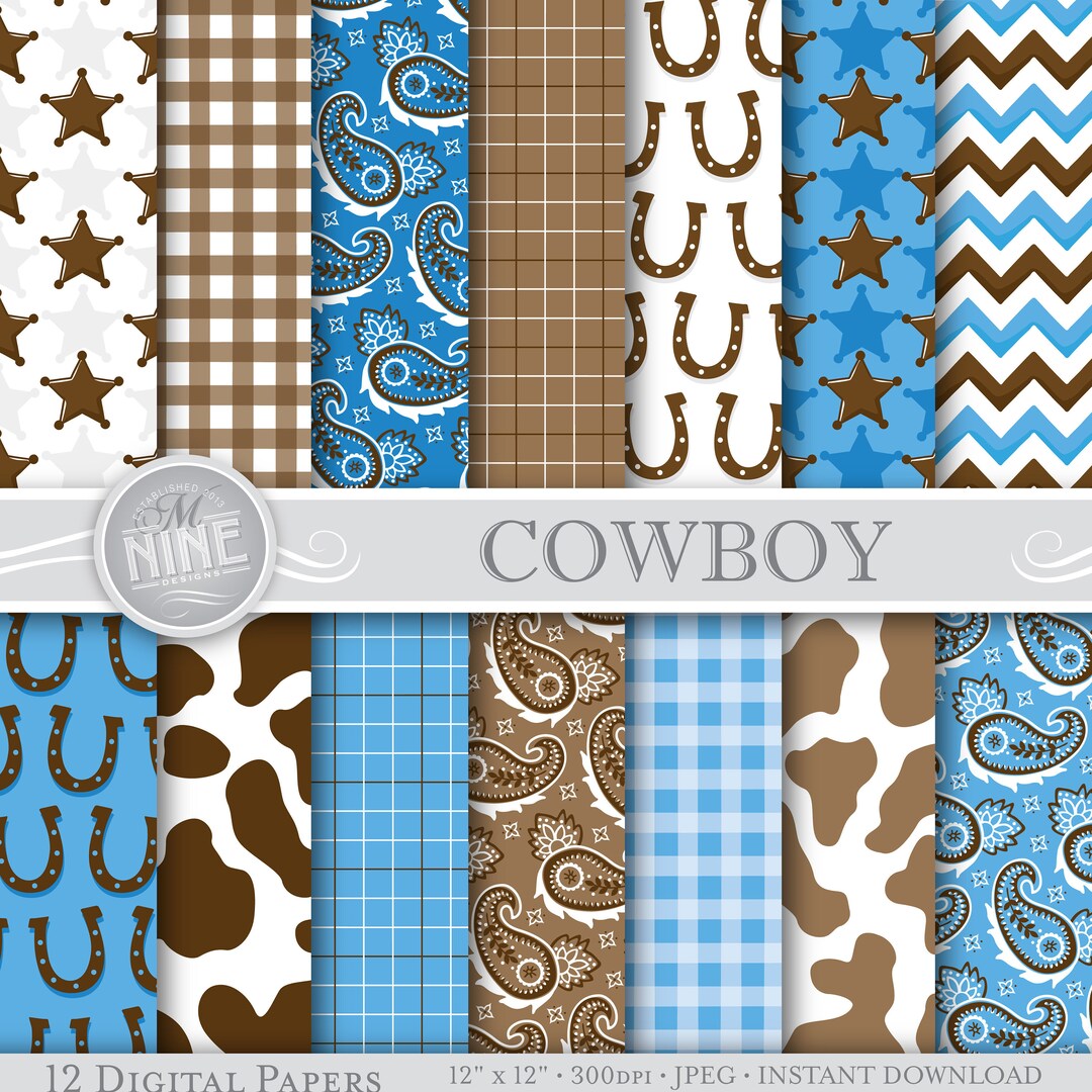 COWBOY Digital Paper Blue Brown Cowboy Printables Digital Downloads ...