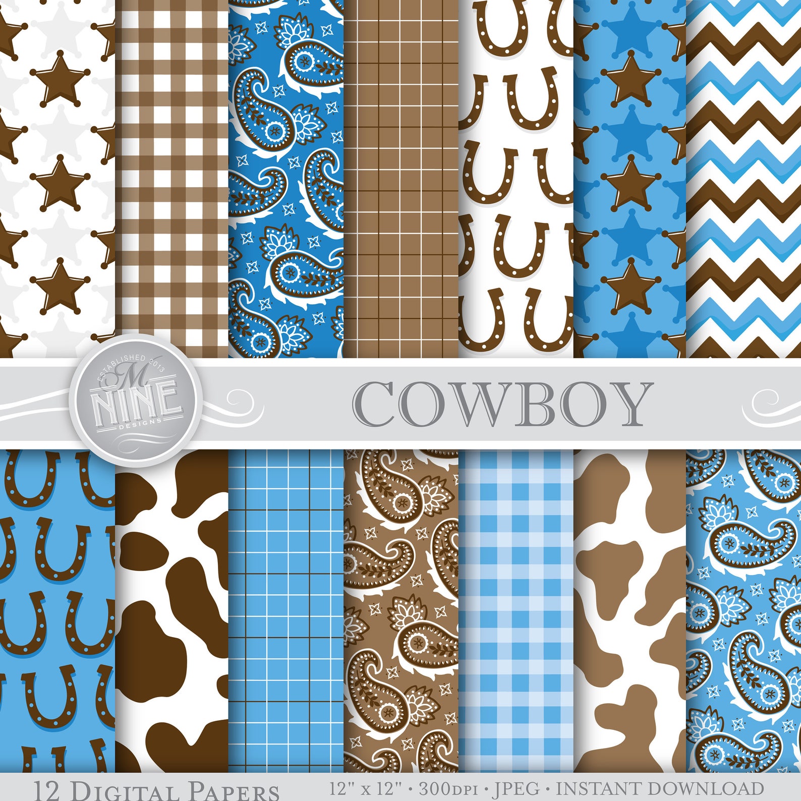 COWBOY Digital Paper Blue Brown Cowboy Printables Digital | Etsy