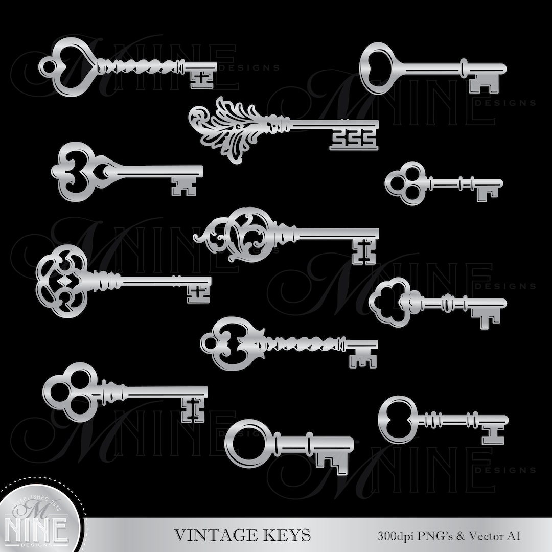 SILVER KEYS Clip Art Vintage Skeleton Key Design Accents Silver Vector ...