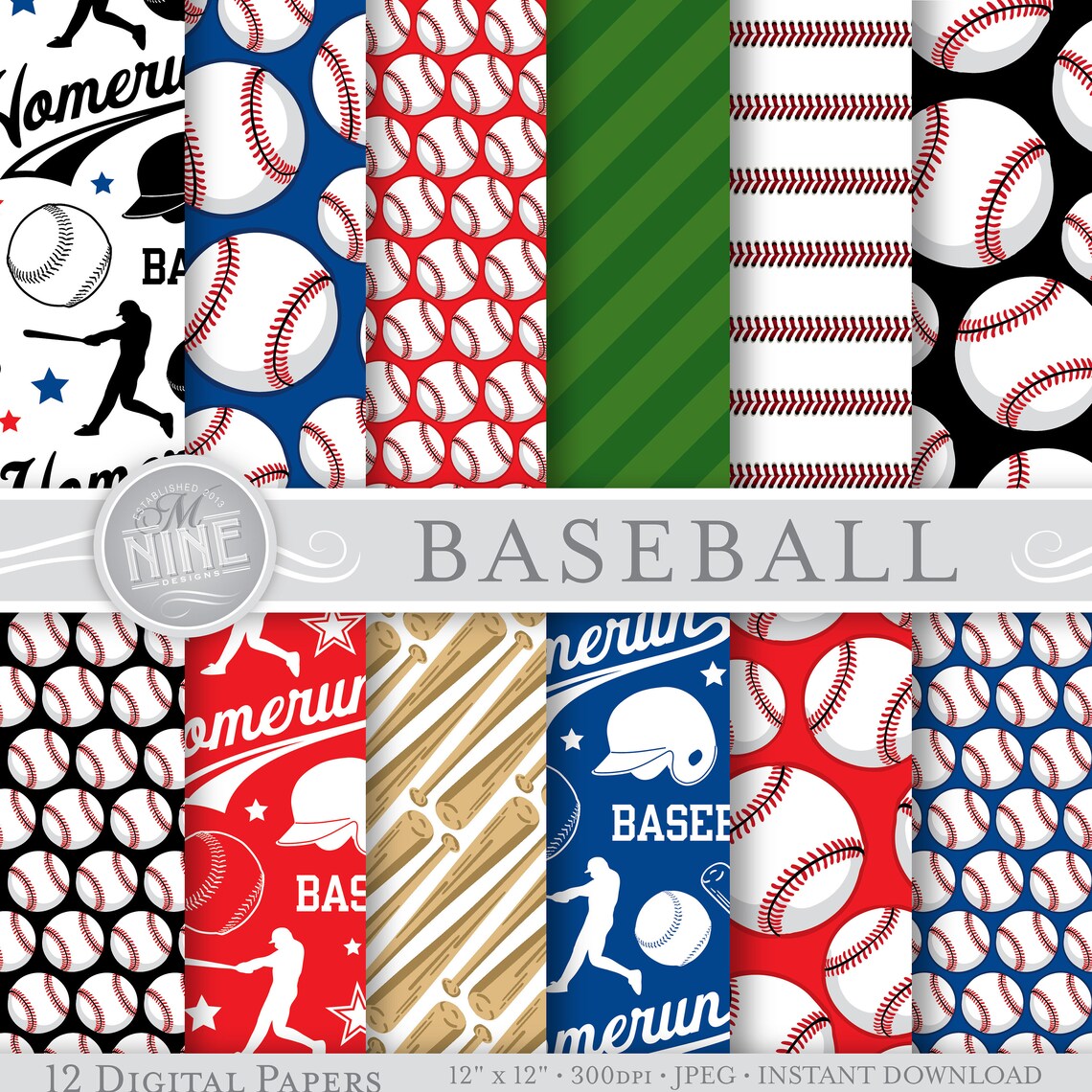 BASEBALL Digital Paper / BASEBALL Party Printables / Blue and - Etsy