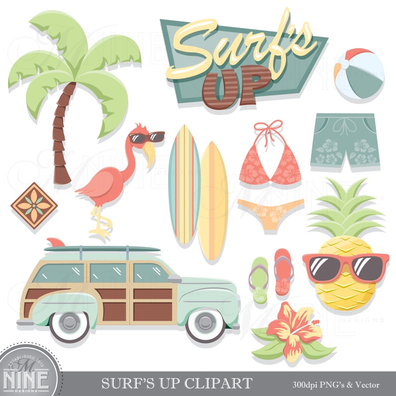 Vintage Beach Clip Art / SURFING THEME Clipart Downloads / | Etsy