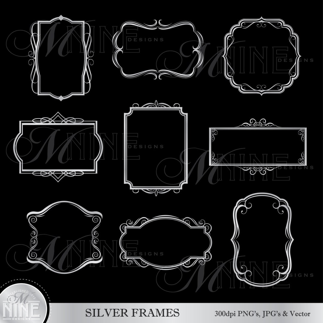 Silver Frames Clip Art, Digital Frame Clipart Design Elements, Vintage ...