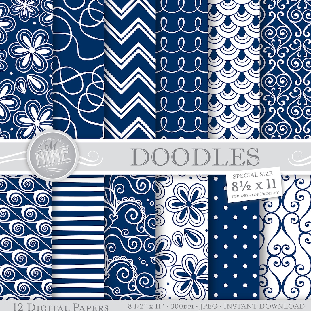 Navy Blue Digital Paper DOODLE Pattern Printables Digital Downloads ...