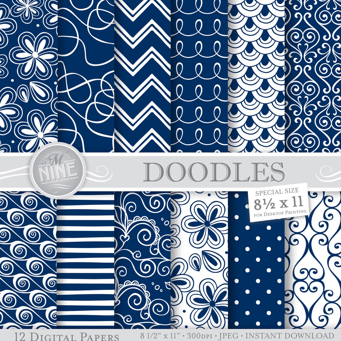Navy Blue Digital Paper DOODLE Pattern Printables Digital | Etsy