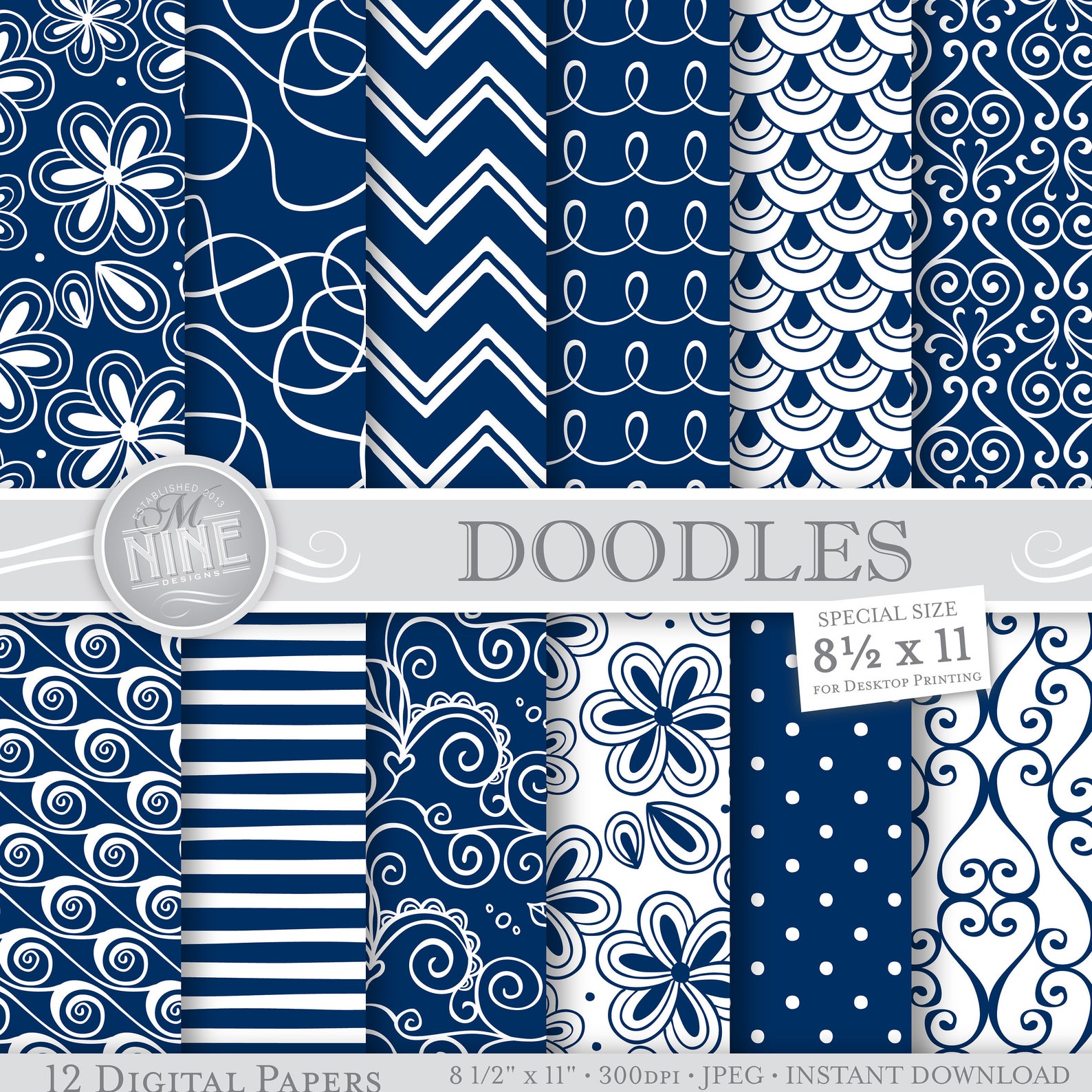Navy Blue Digital Paper DOODLE Pattern Printables Digital | Etsy