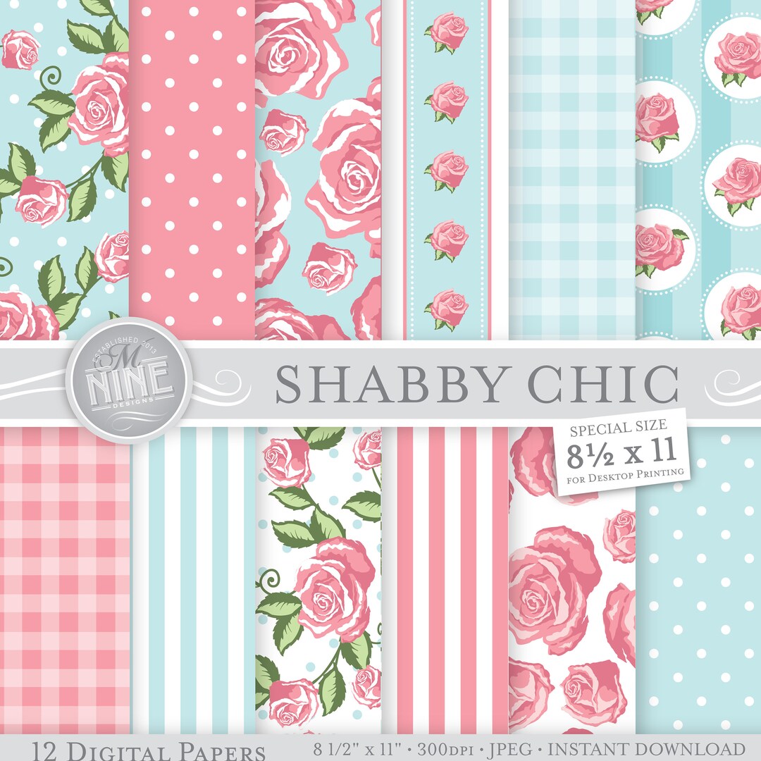 SHABBY CHIC Digital Paper / 8 1/2 X 11 Pink Teal Shabby Chic Patterns ...