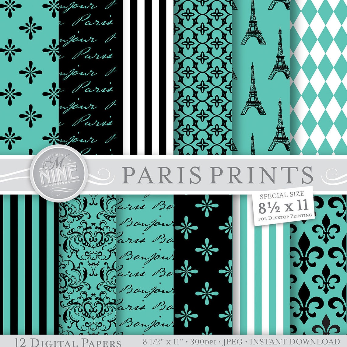 Teal Blue PARIS Theme Digital Paper / Paris Theme Patterns / 8 | Etsy