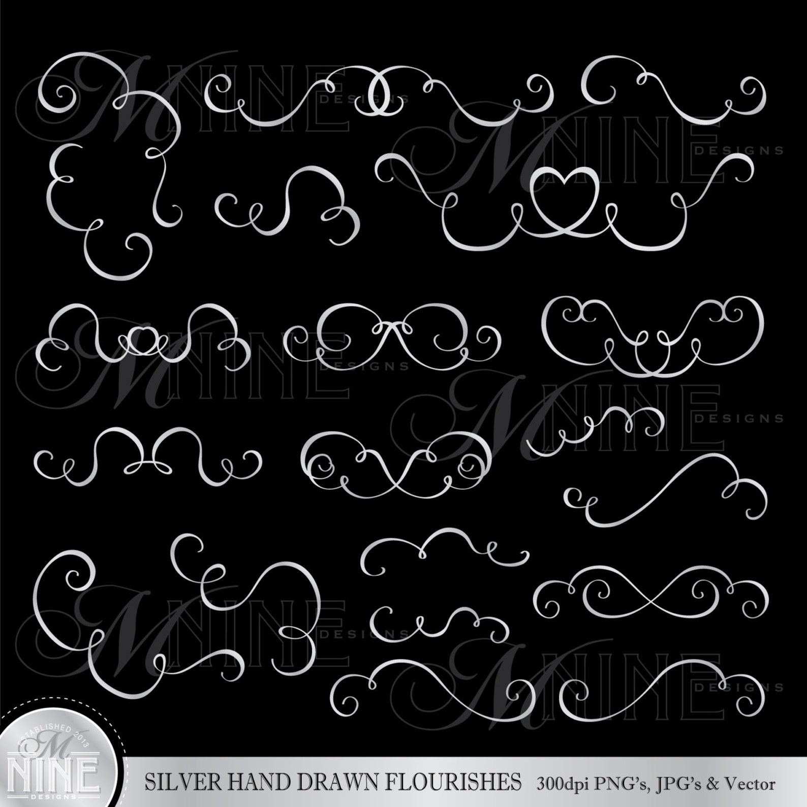 Silver HAND DRAWN FLOURISHES Clipart Design Elements Instant - Etsy