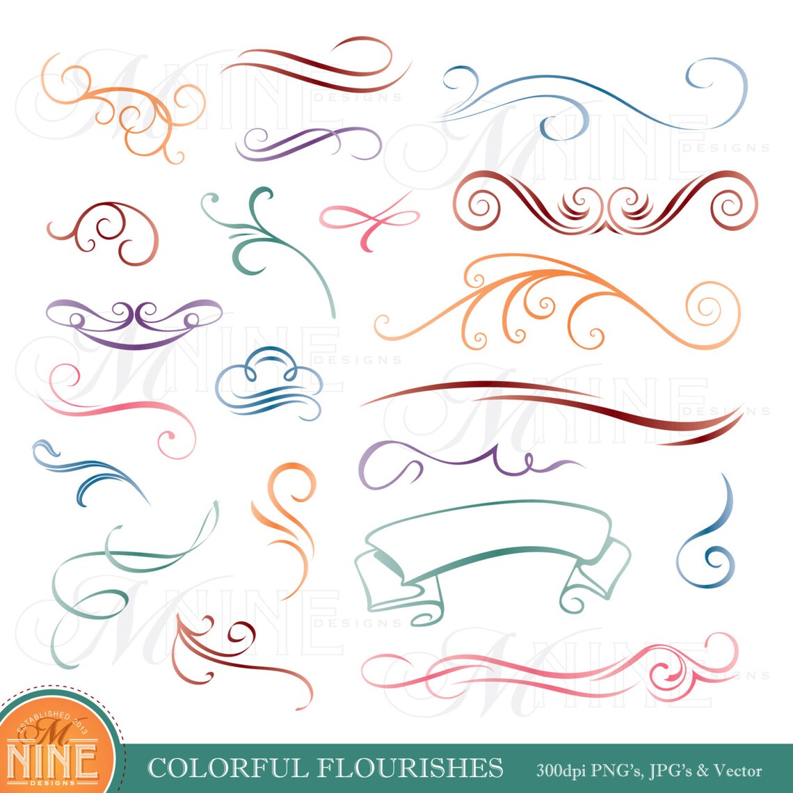 COLORFUL FLOURISHES Design Elements Digital Clipart Instant | Etsy