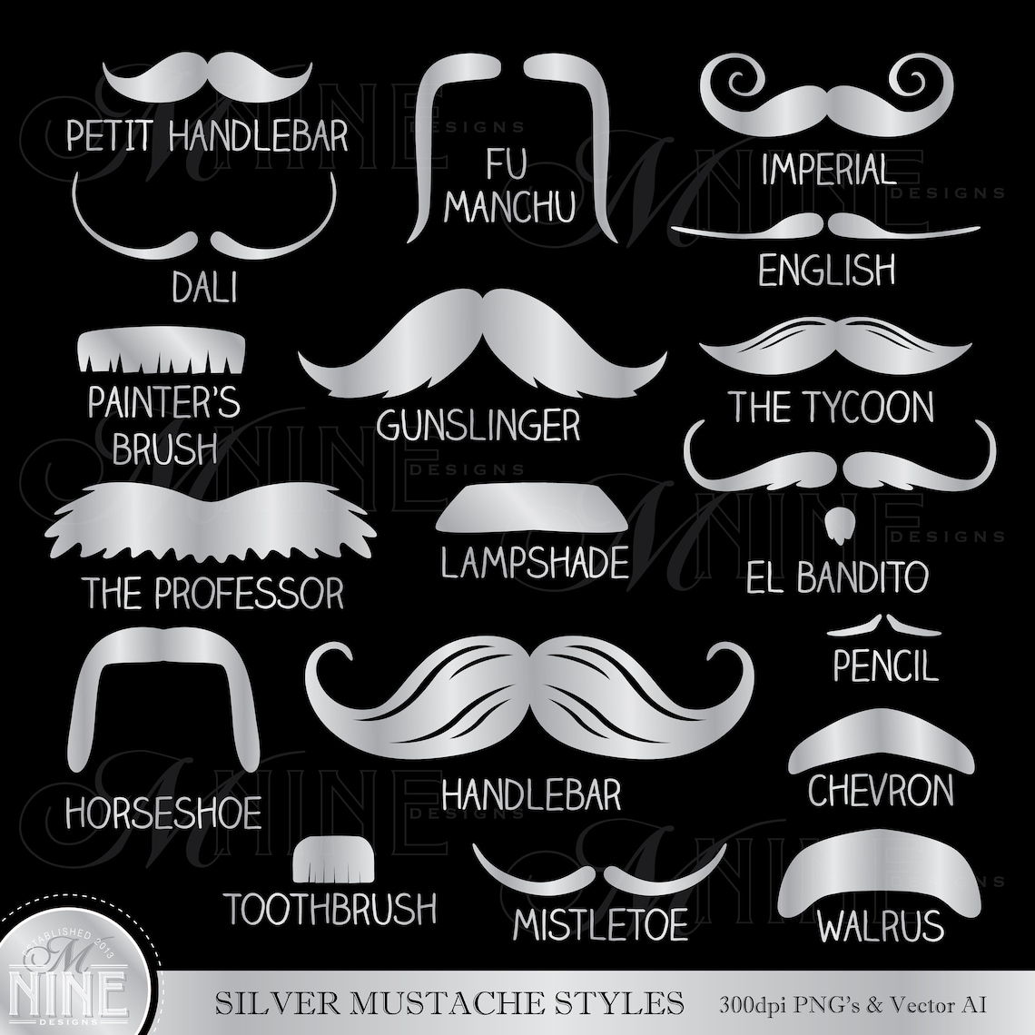 Silver MUSTACHE STYLES Clip Art Mustache Clipart Downloads | Etsy
