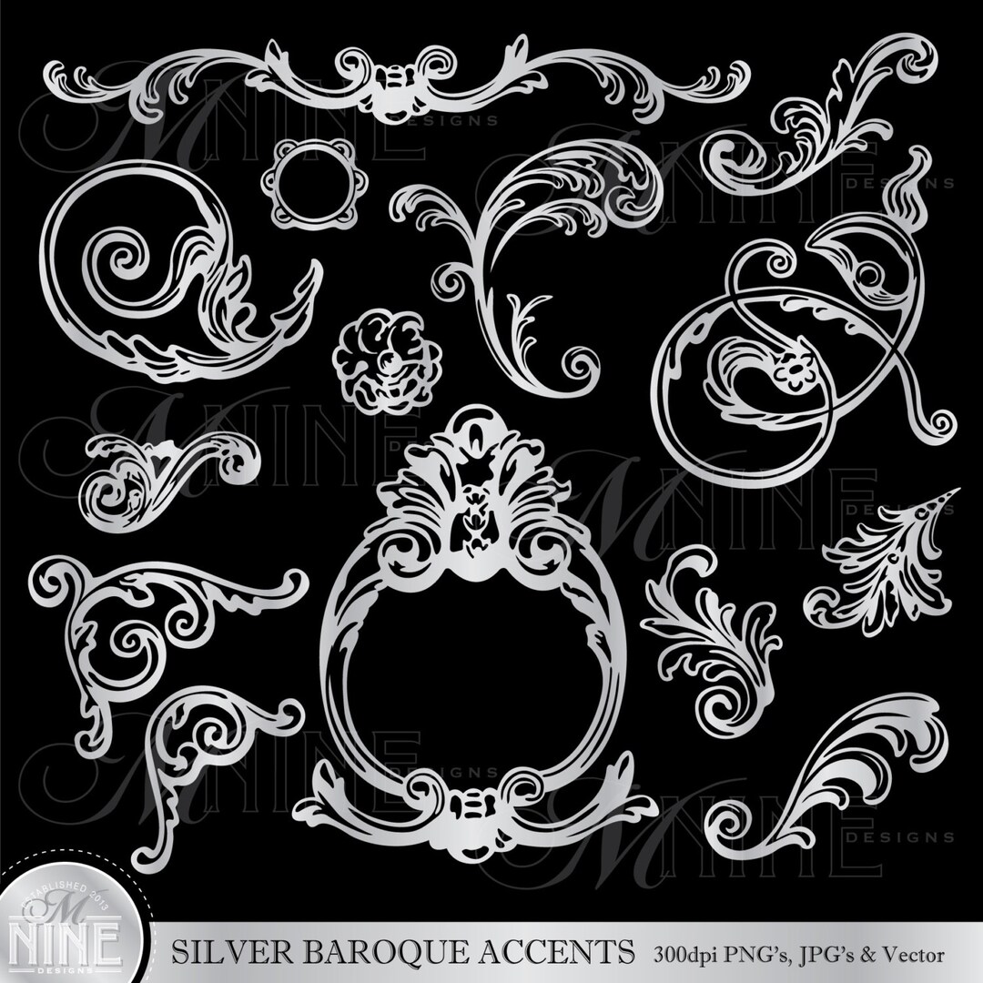 SILVER BAROQUE ACCENTS Clipart Illustrations, Instant Download, Vintage ...