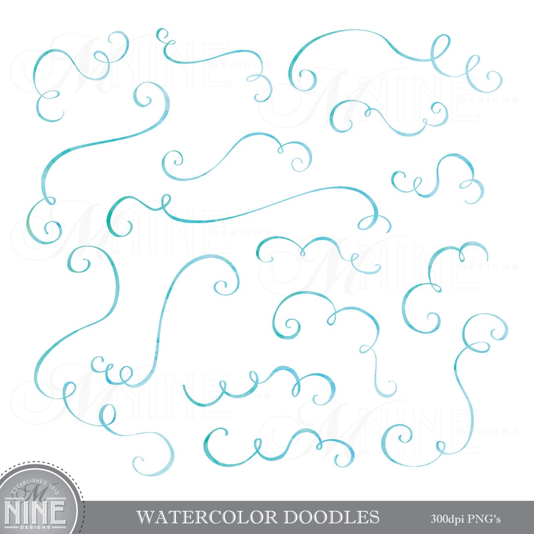 Blue Watercolor DOODLE FLOURISHES Clipart / Watercolor Clip Art ...