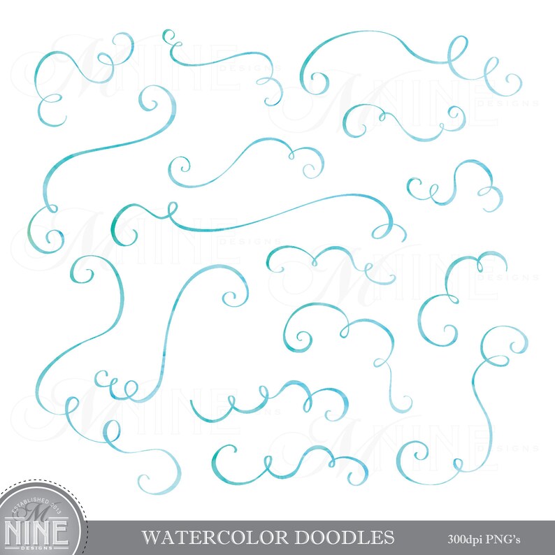 Blue Watercolor DOODLE FLOURISHES Clipart / Watercolor Clip - Etsy