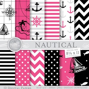PINK & BLACK NAUTICAL Patterns 8 1/2 X 11 Digital Paper Seamless ...