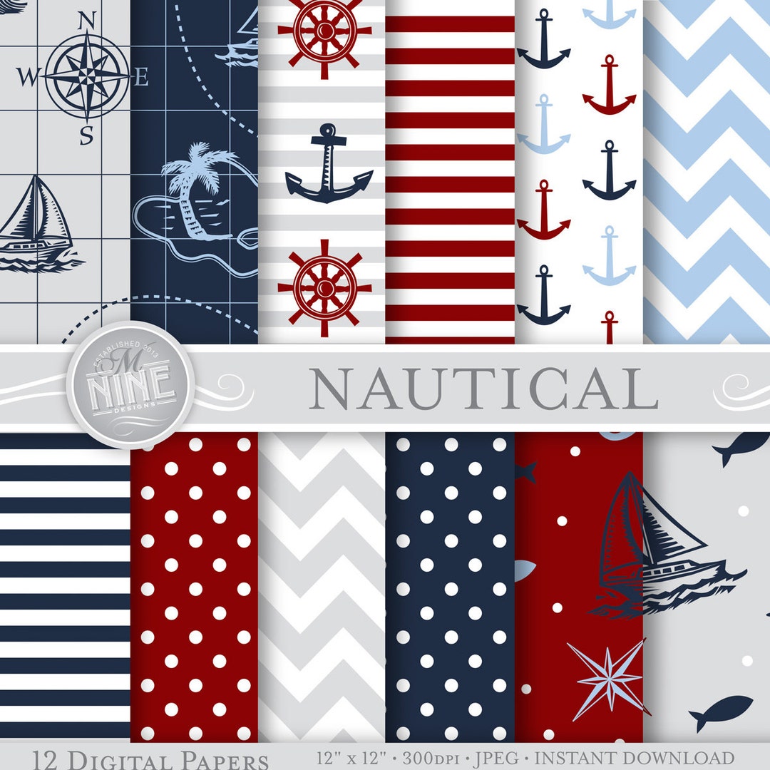Nautical Digital Paper: BLUE & RED NAUTICAL Patterns Seamless Pattern ...