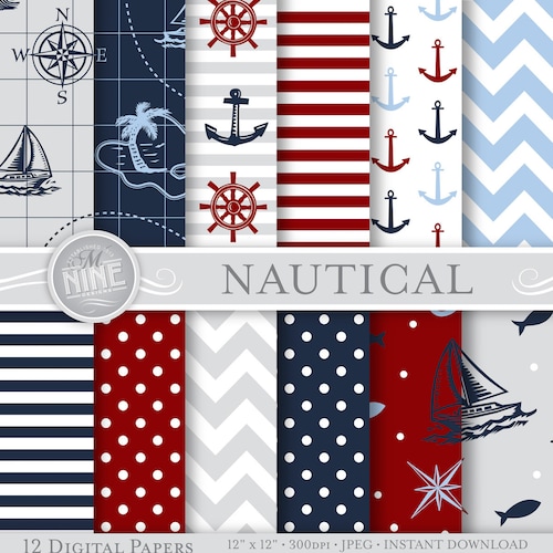 Nautical Digital Paper: BLUE & RED NAUTICAL Patterns Seamless - Etsy