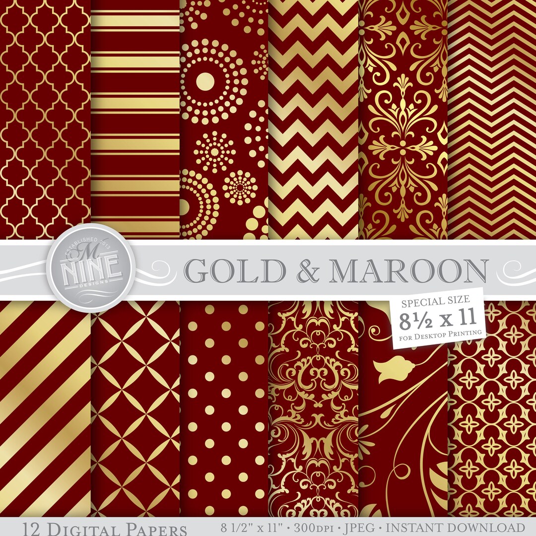 MAROON and GOLD Digital Paper / 8 1/2 X 11 Gold and Maroon Patterns ...