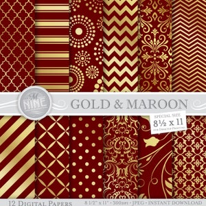 MAROON and GOLD Digital Paper / 8 1/2 X 11 Gold and Maroon Patterns ...