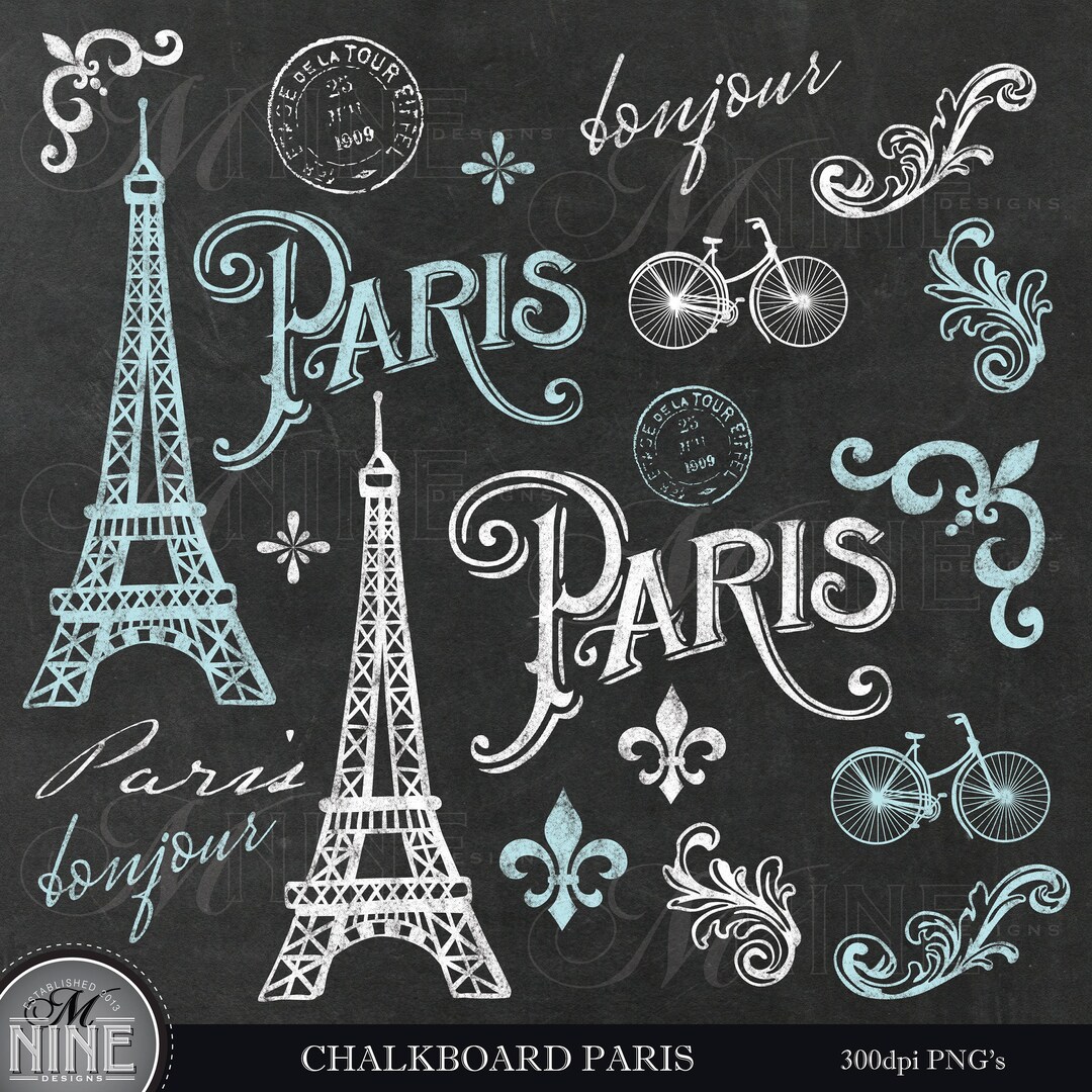 Parisian Chalkboard Clip Art, Blue Paris Theme Clipart Download, Vector ...
