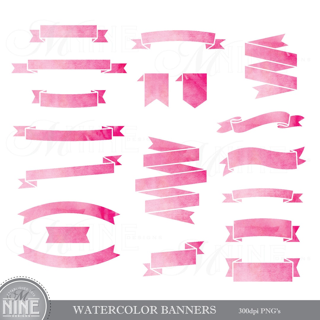 Pink Watercolor RIBBON BANNERS Clipart / Watercolor Clip Art / Instant ...