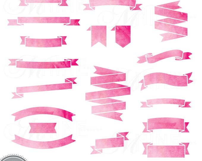 Pink Watercolor RIBBON BANNERS Clipart / Watercolor Clip Art / - Etsy