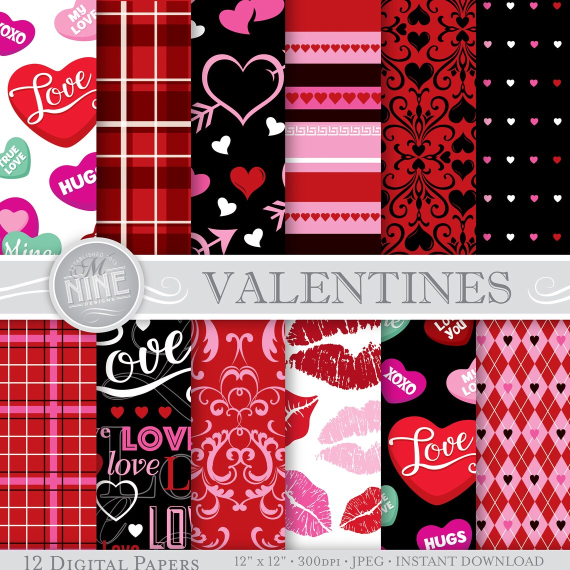 VALENTINES Digital Paper Downloads LOVE Pattern Printables - Etsy
