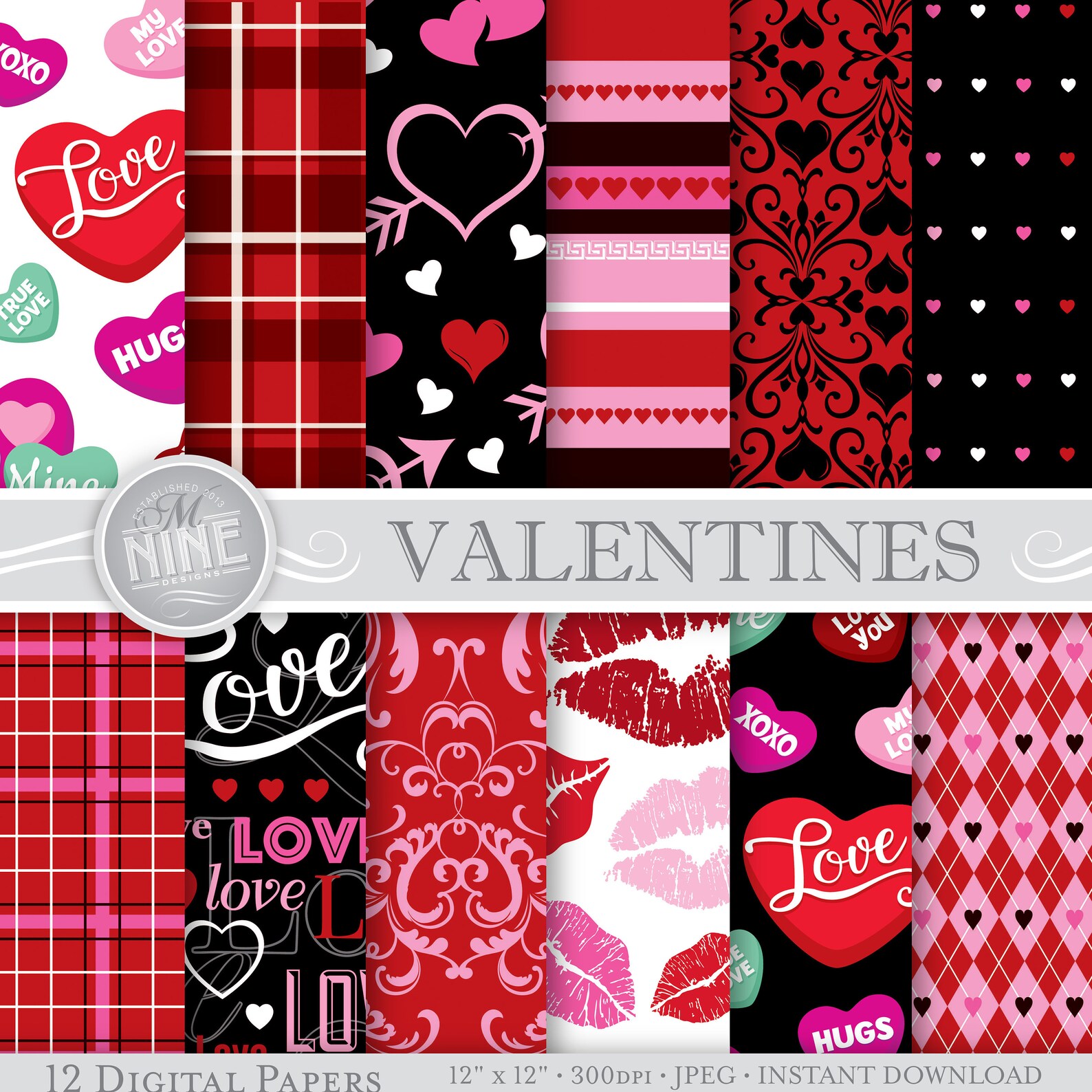 VALENTINES Digital Paper Downloads LOVE Pattern Printables - Etsy