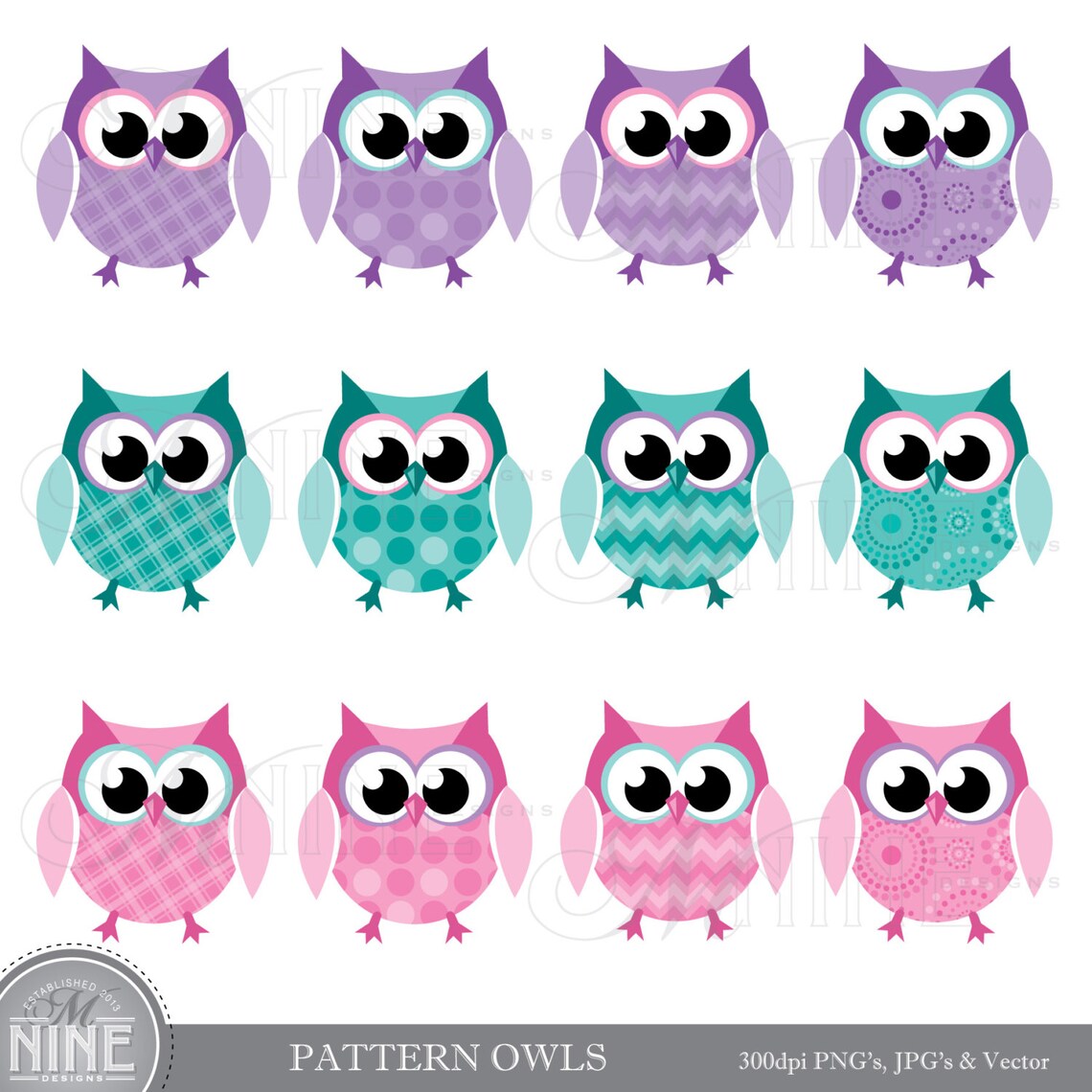 PATTERN OWLS Clip Art Digital Clipart Instant Download Pink - Etsy