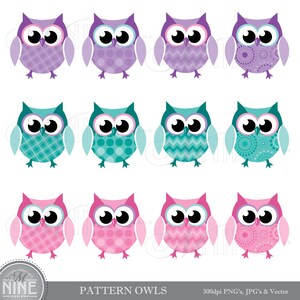 PATTERN OWLS Clip Art Digital Clipart, Instant Download, Pink Purple ...